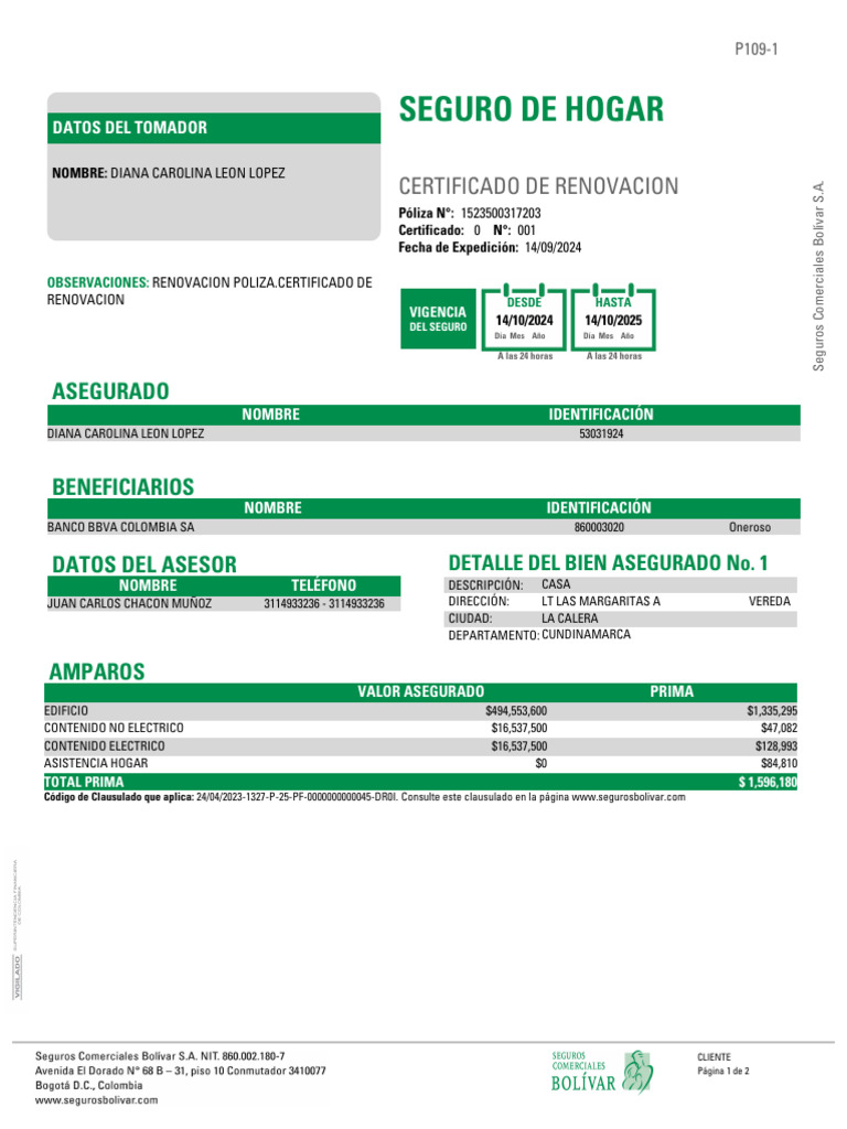 Renov Pol Hogar 1523500317203 Oct 14-2024 A Oct 14-2025 Diana Carolina ...