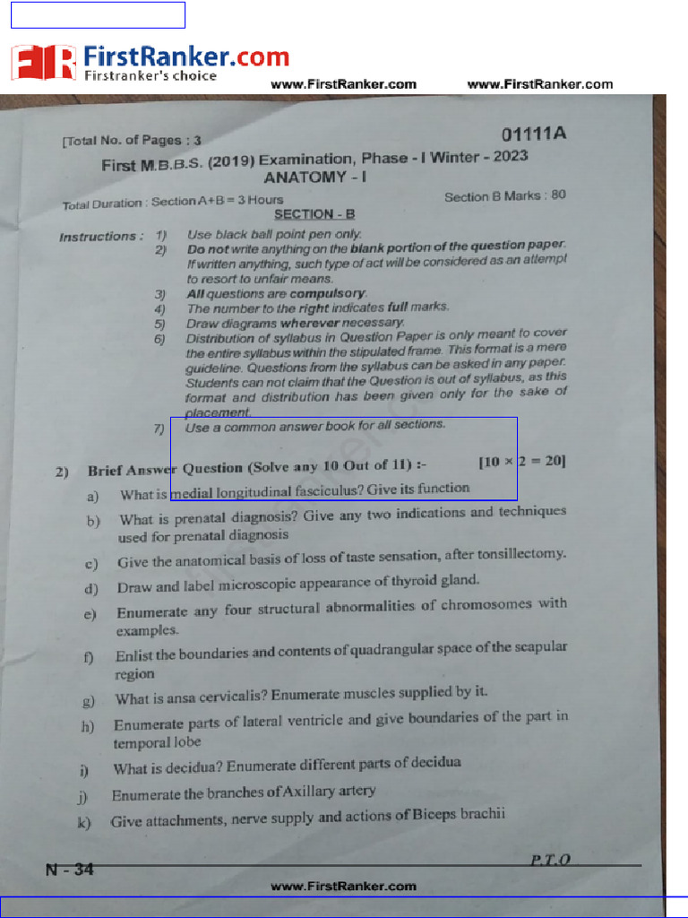 FR 01111a Muhs Mbbs Anatomy Paper I 2023 Winter Question Paper | PDF