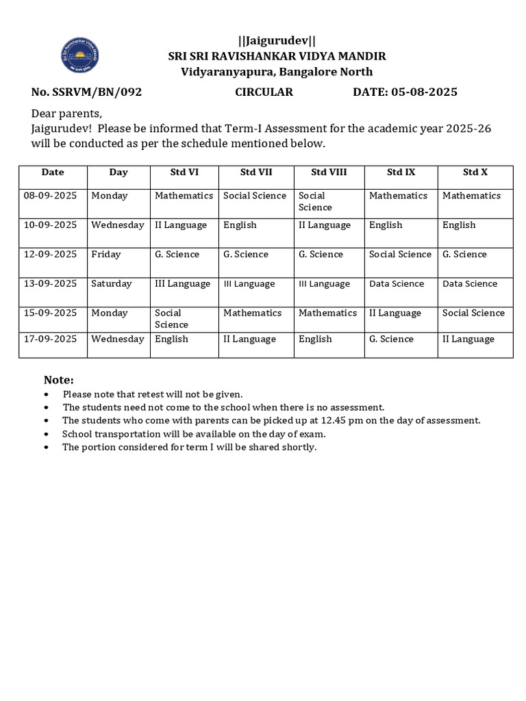 6th To 10th Term-I Exam Time Table 2025-26 | PDF