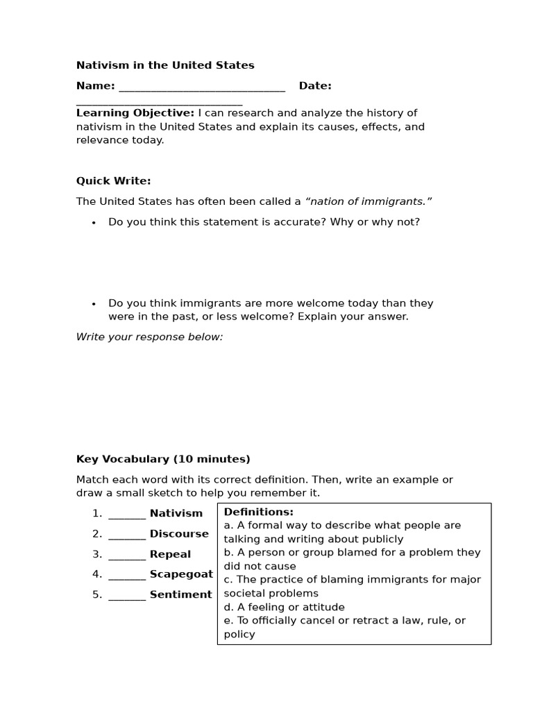 Nativism in The United States - Worksheet | PDF | Nativism (Politics ...