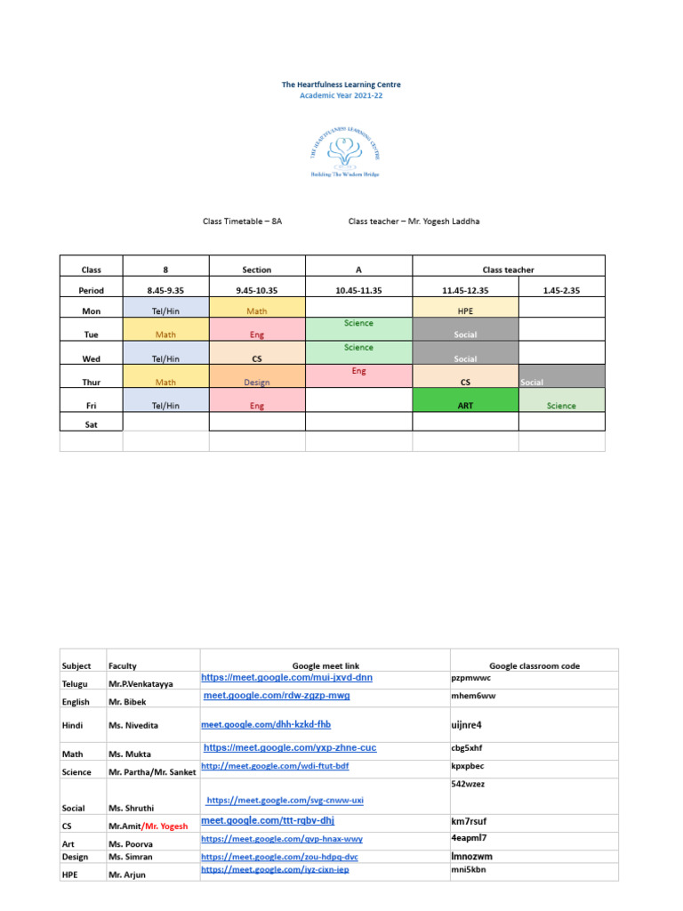 Time Table Class 8A_Effective From August 13, 2021 | PDF