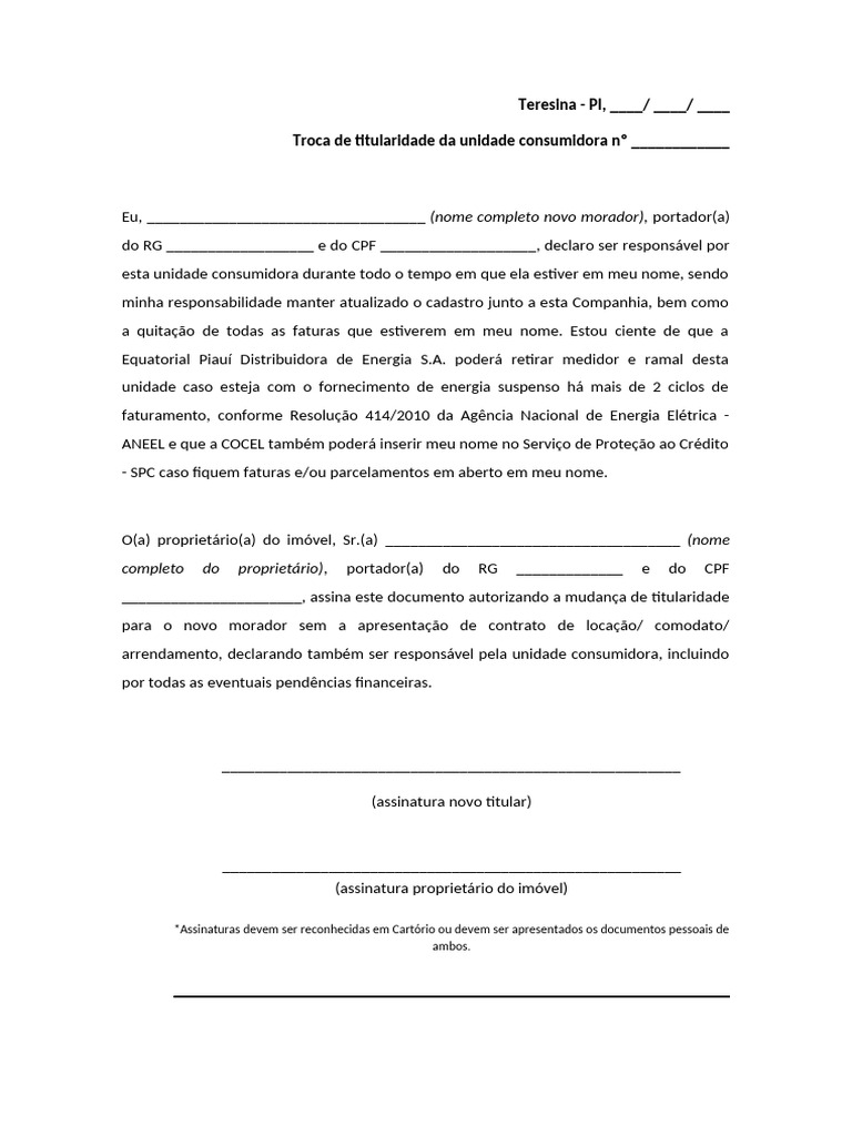 Modelo De Declaracao Para Troca De Titularidade Para Novo Morador Com