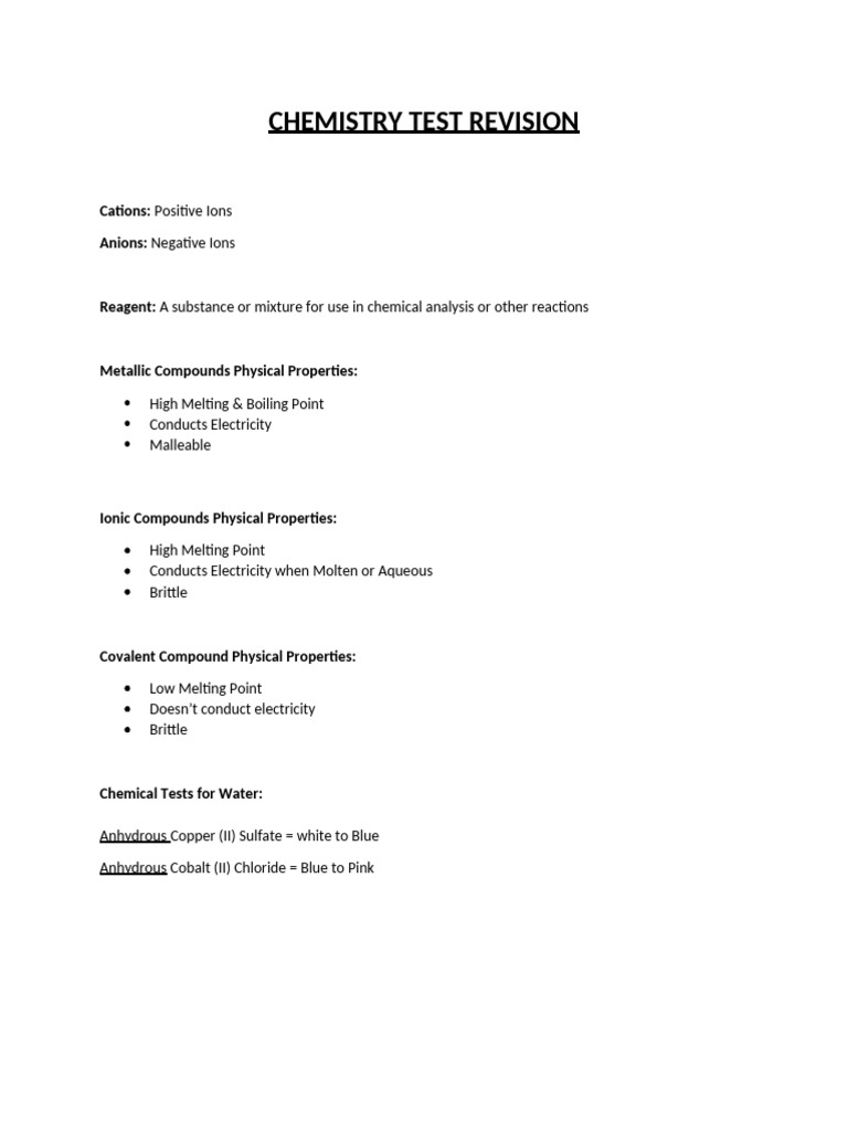Chemistry Test Revision | PDF | Precipitation (Chemistry) | Ion