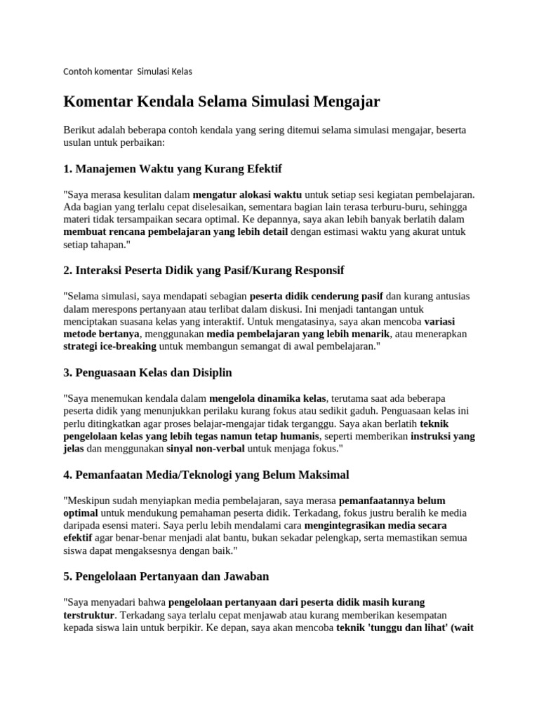 Contoh Komentar Simulasi Kelas | PDF