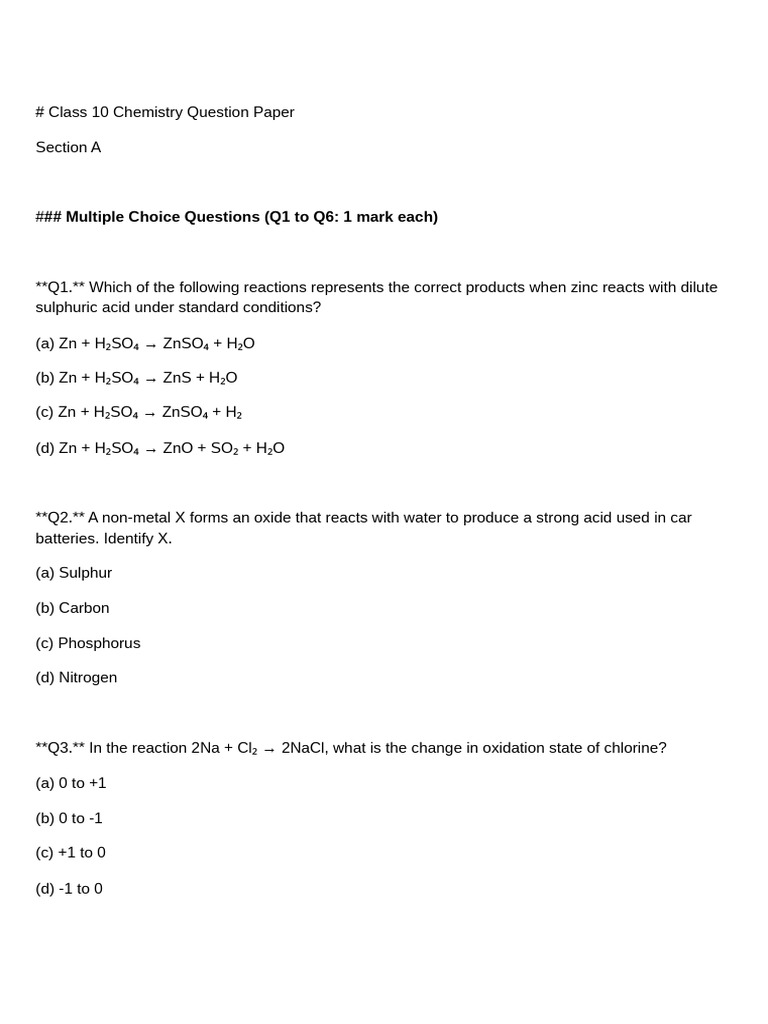 Class 10 Chemistry Question Paper Time 1 Hour Maximum Marks 25