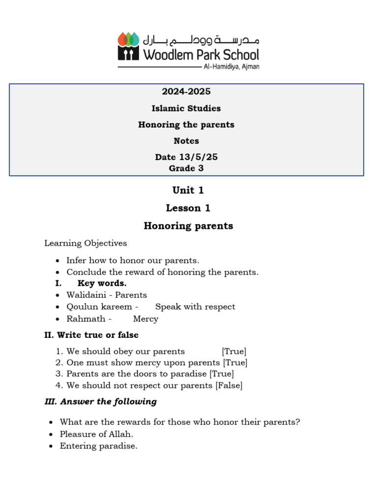 Honoring Parents: Islamic Lessons for Kids | PDF