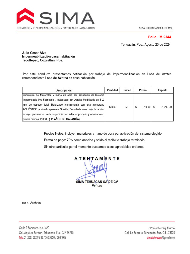 Presup IMP-254A Gtia 15 Años Julio Cesar Alva | PDF