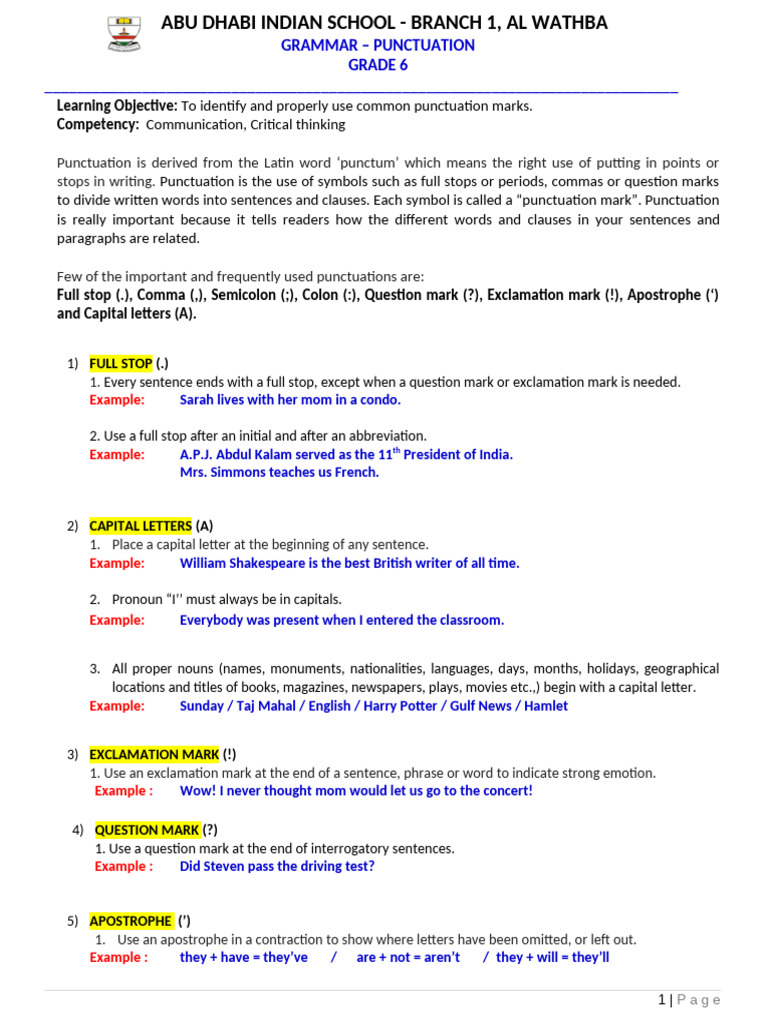 Grade 6 Punctuation Guide | PDF | Punctuation | Comma