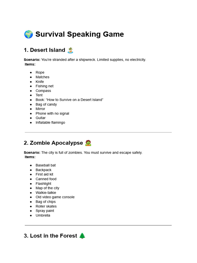 ? Survival Speaking Game | PDF