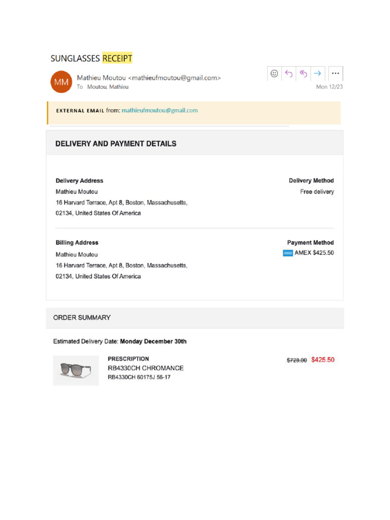 Sunglasses Receipts | PDF
