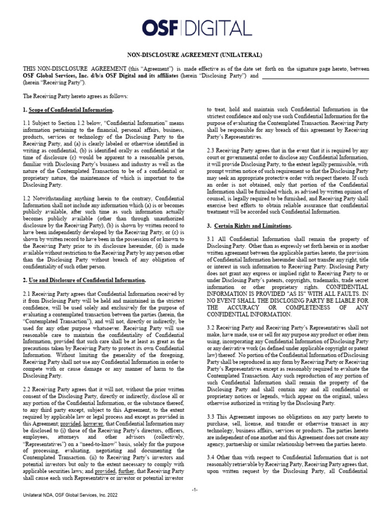 OSF Academy Unilateral NDA - September 2022 | PDF | Non Disclosure Agreement | Confidentiality