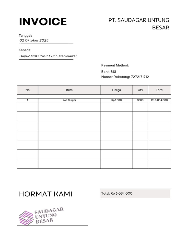 Contoh Invoice PT. Saudagar Untung | PDF
