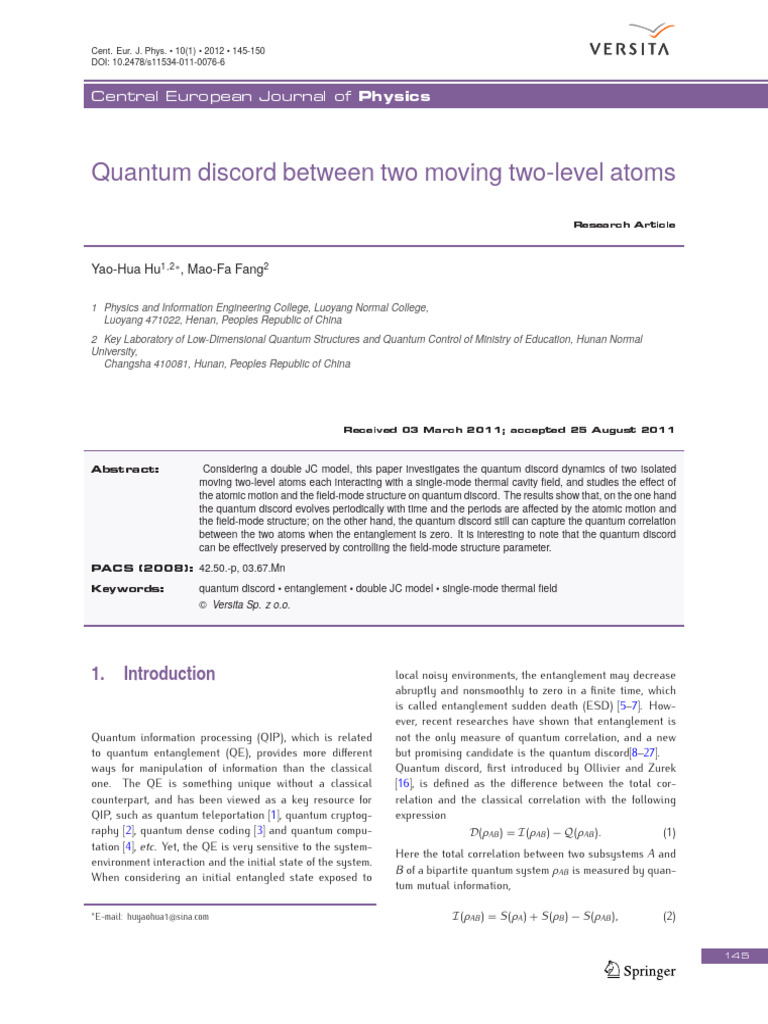 Quantum Discord in Moving Atoms | PDF | Quantum Entanglement ...