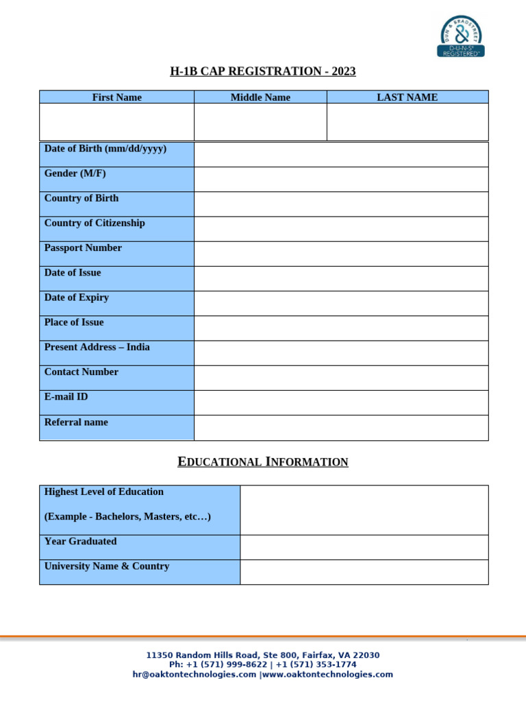 H1B Registration Sheet - 2023 | PDF