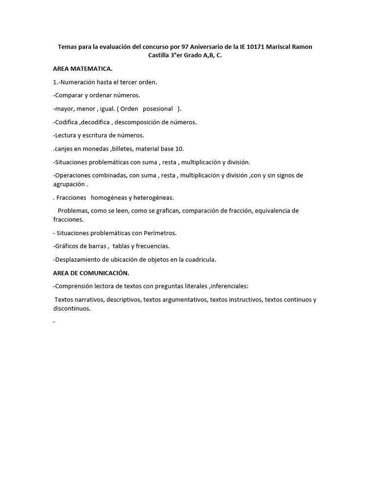 Temas para La Evaluación Del Concurso Por 97 Aniversario de La IE 10171 ...