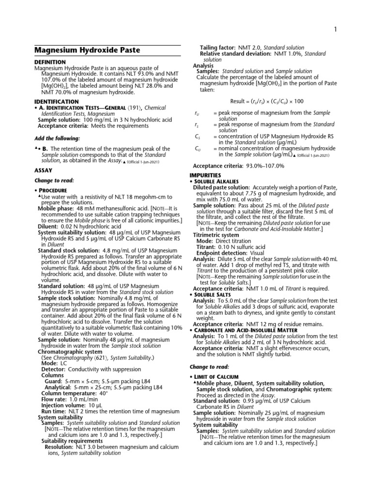 Magnesium Hydroxide Paste | PDF | Titration | Chemistry