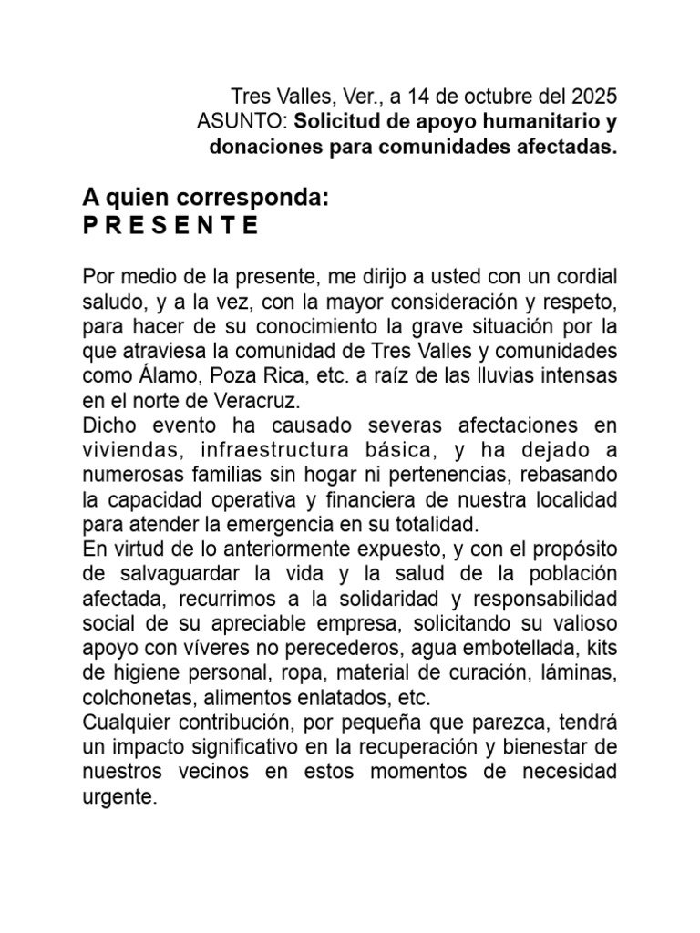 Apoyo humanitario para Tres Valles | PDF