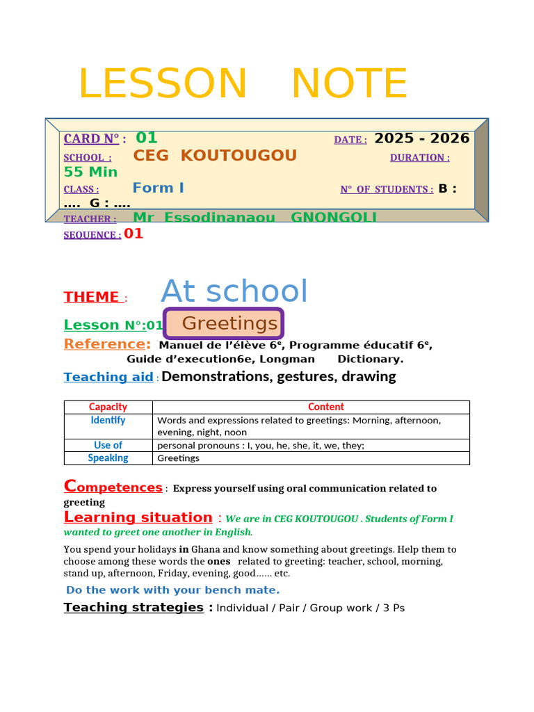 Lesson Note: at School | PDF | Vocabulary | Classroom