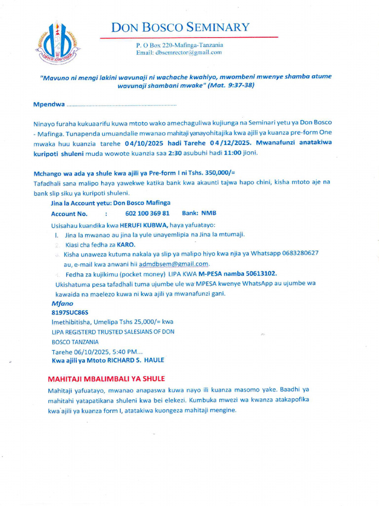 Fomu Ya Kujiunga Na DBS - Pre-Form I 2025 | PDF