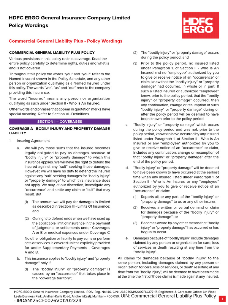 HDFC ERGO Commercial Liability Policy Guide | PDF | Insurance | Legal ...