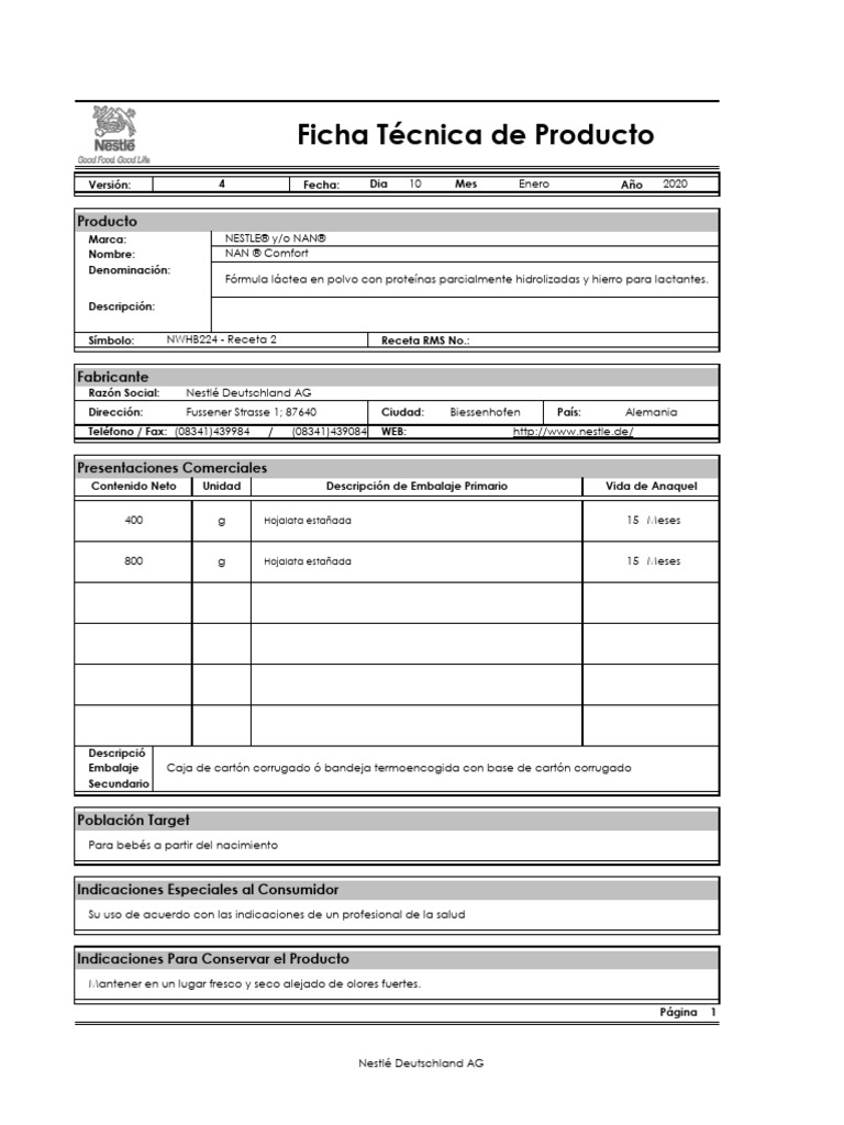 FT Nan Comfort Nwhb224 v4 100120 | PDF | Petróleo | Leche