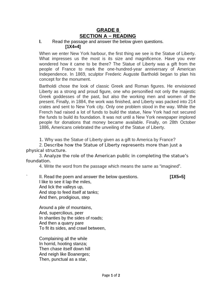 Grade 8 Reading Comprehension Exercises | PDF | Poetry