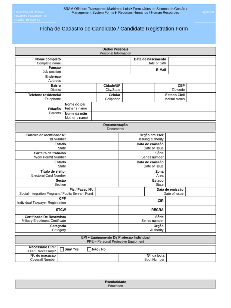 1188 Ficha de Cadastro de Candidato Candidate Registration Form | PDF ...