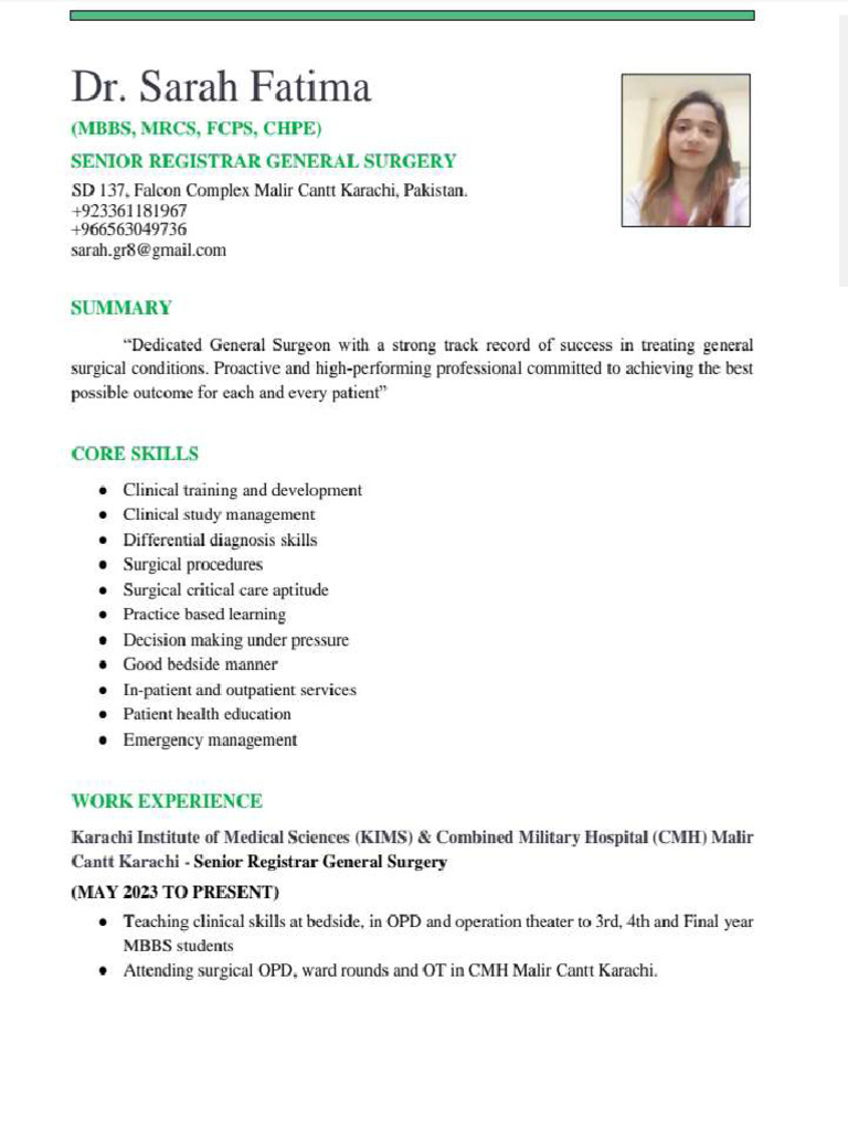 DR Sarah Resume Latest | PDF