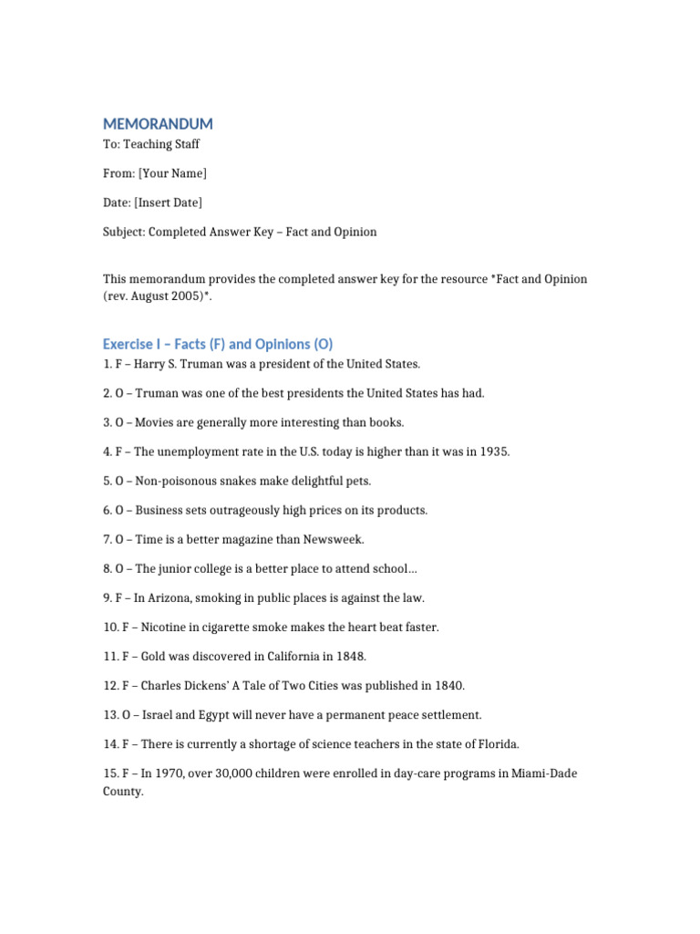 Completed Answer Key: Fact vs. Opinion | PDF