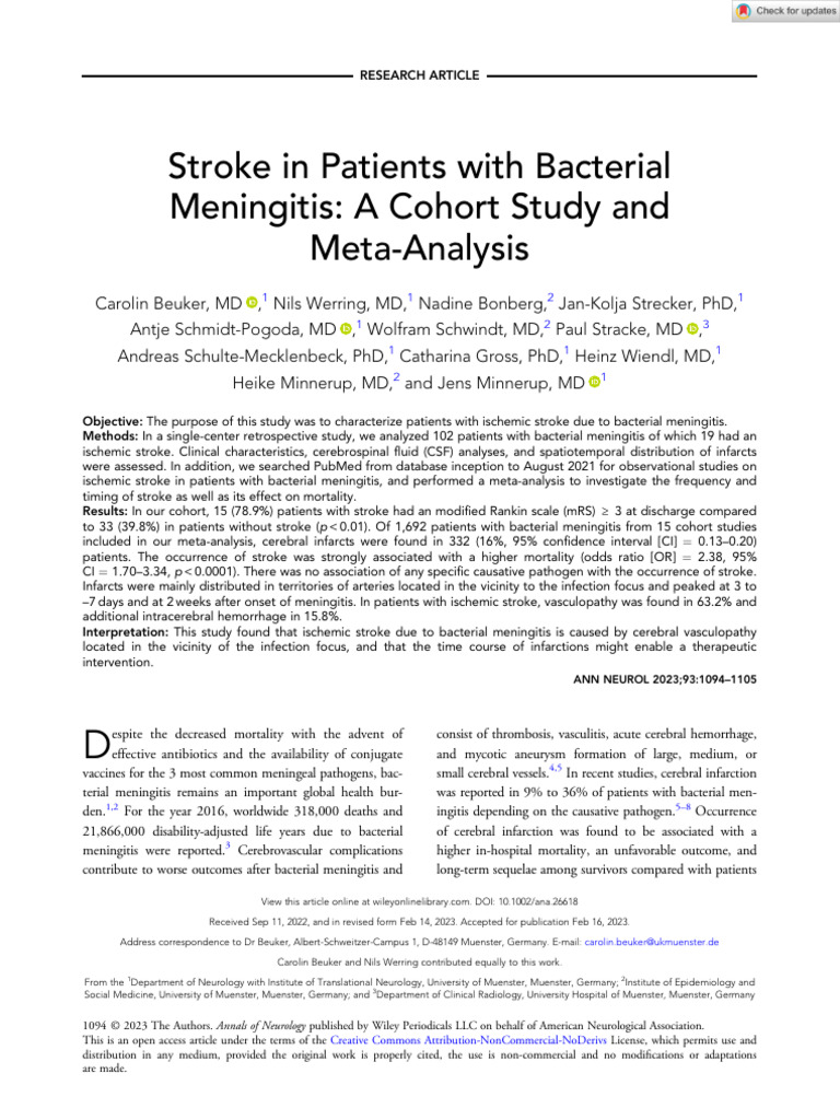 Annals of Neurology - 2023 - Beuker - Stroke in Patients With Bacterial Meningitis A Cohort ...