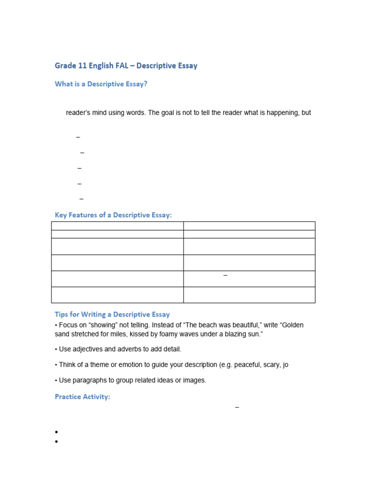 Grade 11 Descriptive Essay Guide | PDF