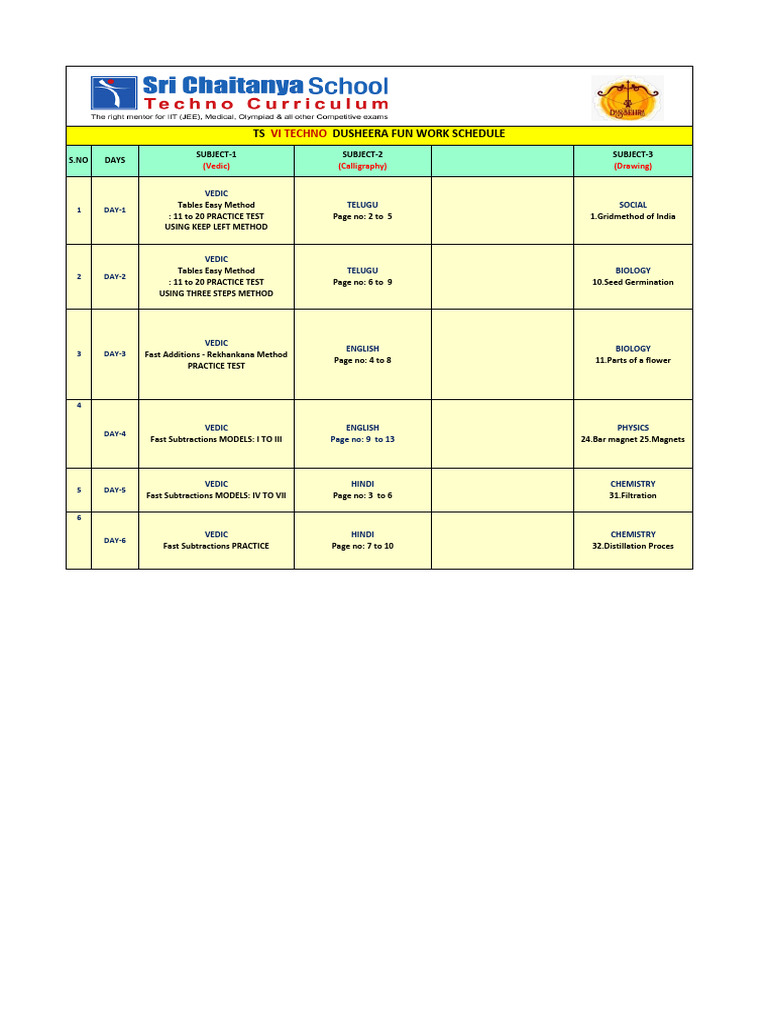 Techno - Ts Vi Dussehra Fun Work Schedule | PDF | Physical Sciences | Chemistry