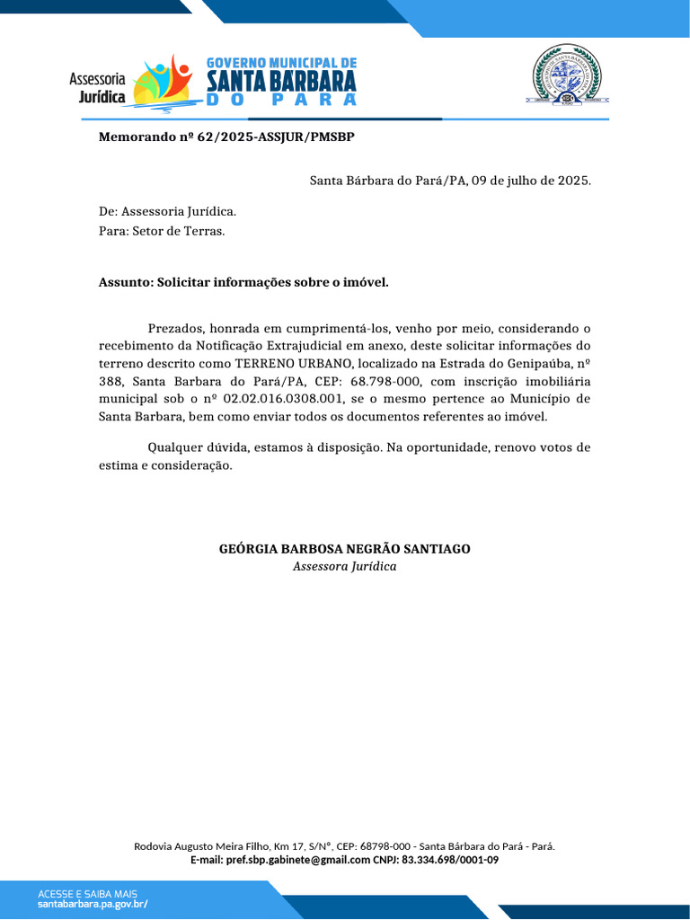 Memo Nº 62.2025-Assjur-pmsbp -Infos - Setor de Terras[1] | PDF
