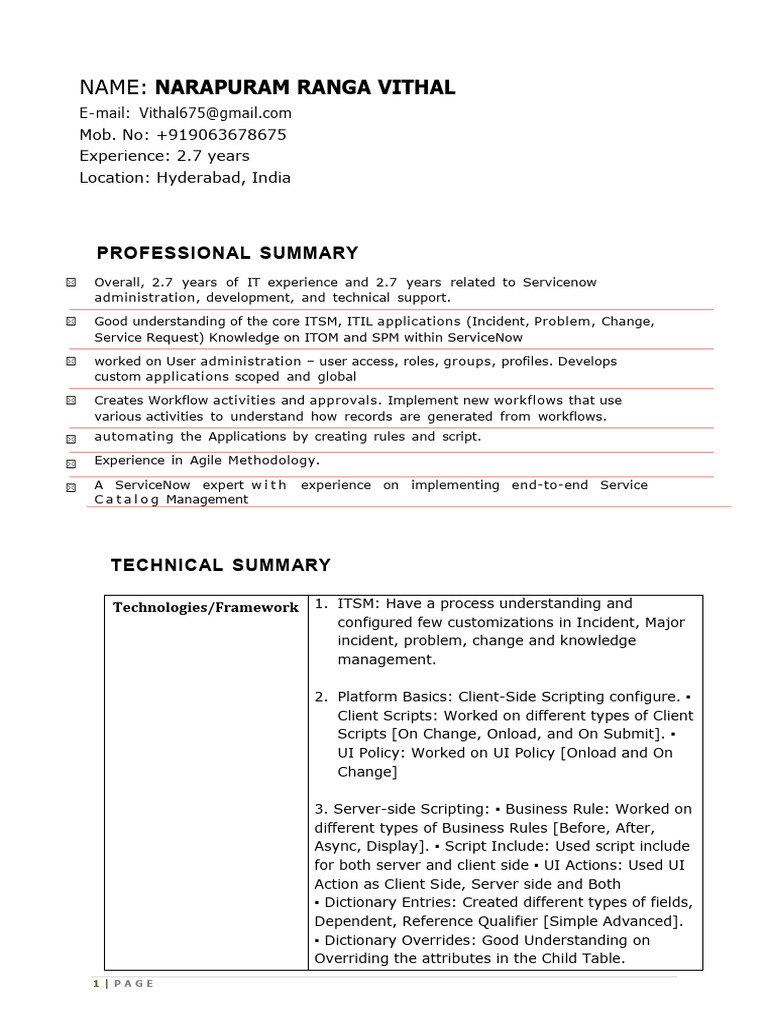 ServiceNow Developer Resume - 2.7 Years Experience | PDF | Client ...