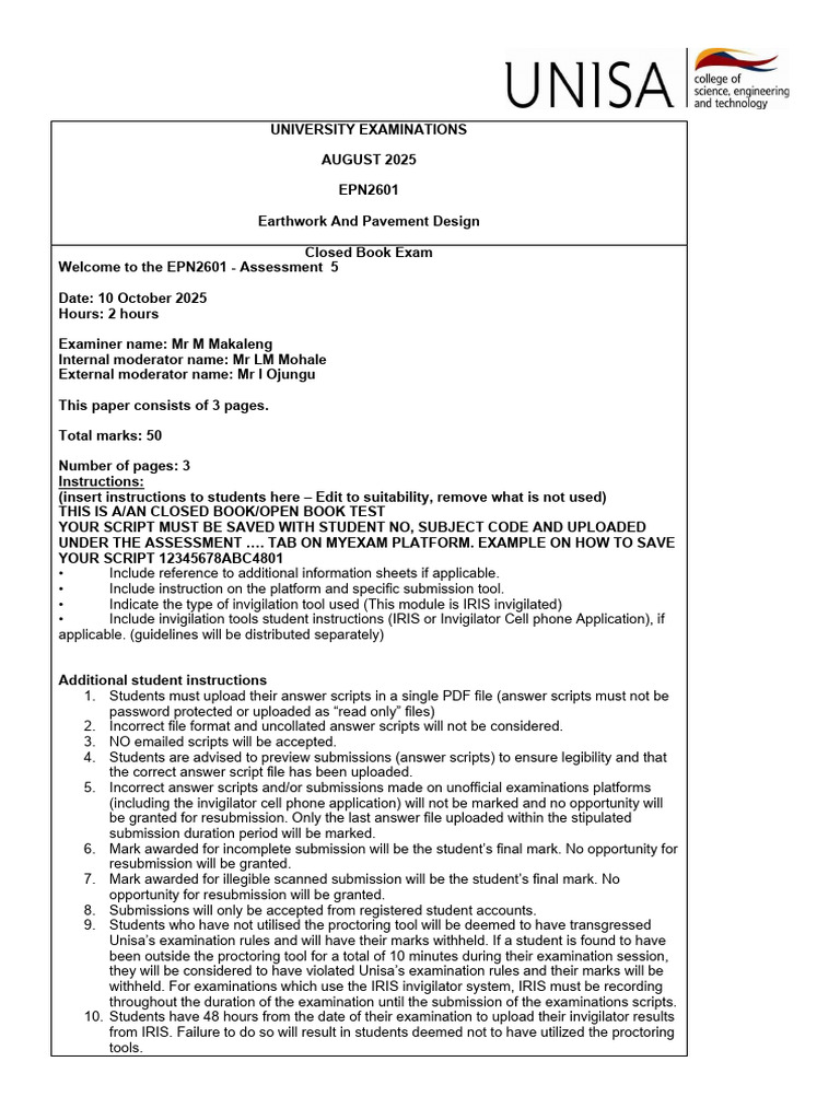 EPN2601 Earthwork Exam Instructions | PDF | Plagiarism | Academic Integrity