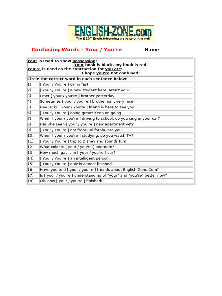 Confusing Words (Your, You'Re) | PDF