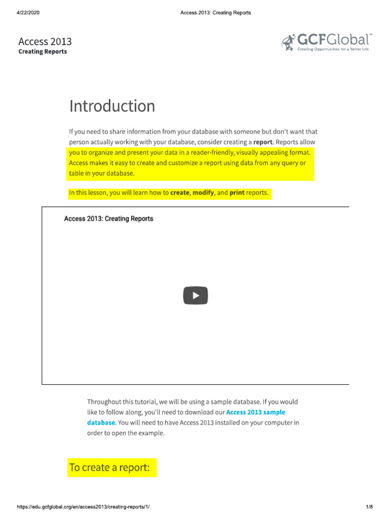 Access 2013 - Creating Reports | PDF