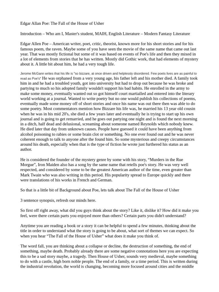 Fall of The House of Usher Lecture | PDF | Reason | Gothic Fiction