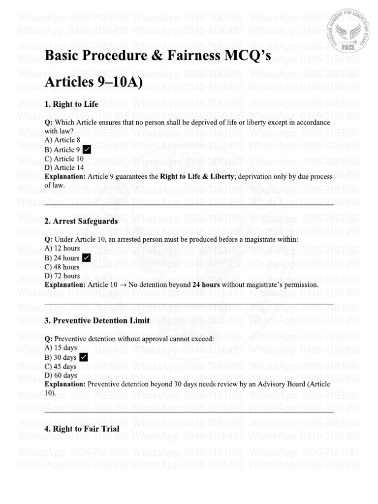 Basic Procedure & Fairness MCQ's (PACE GK Academy) | PDF