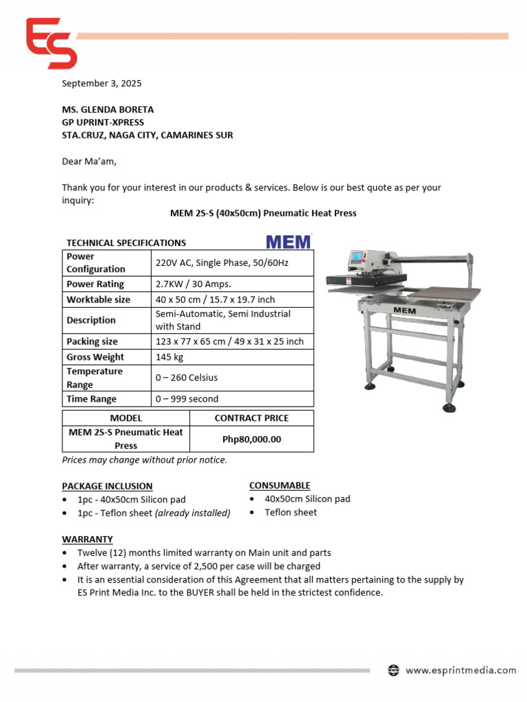 MEM 2S S (40x50cm) Pneumatic Heat Press - GP UPRINT XPRESS - E43e26e8 ...