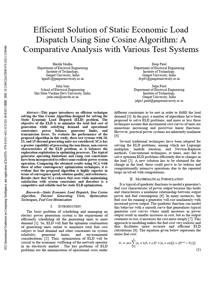 6-Efficient Solution of Static Economic Load Dispatch Using Sine Cosine Algorithm A Comparative ...