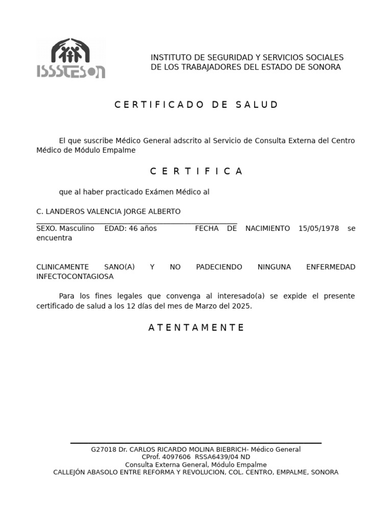 Certificado de Salud para Jorge Landeros | PDF