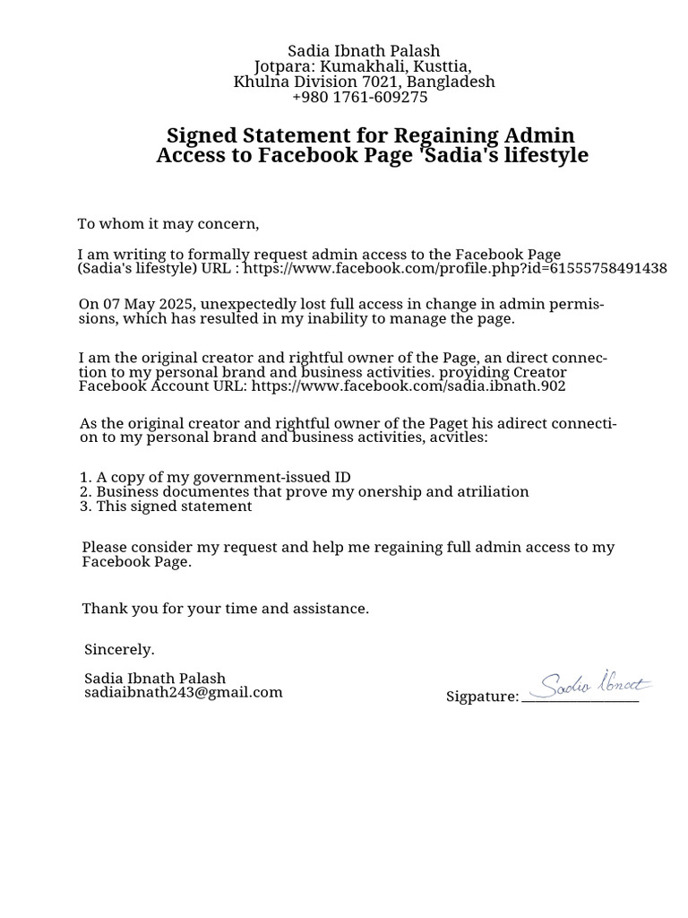 Signed Statement For Regaining Admin Access To Facebook Page - Sadia's ...