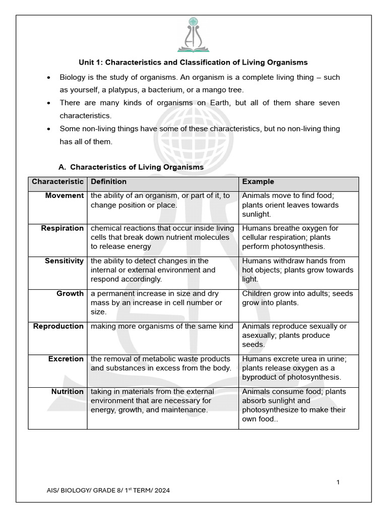 Characteristics and Classification of Living Organisms | PDF | Cell ...
