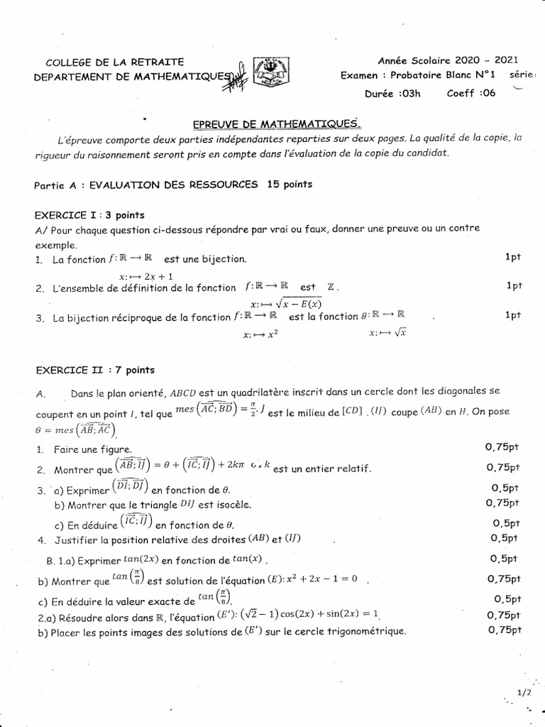 Maths - Collège de La Retraite - Probatoire Blanc N°1 Série C .2021 Cameroun | PDF