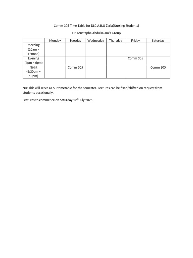 Comm 305 Time Table For DLC - July - 2025 | PDF