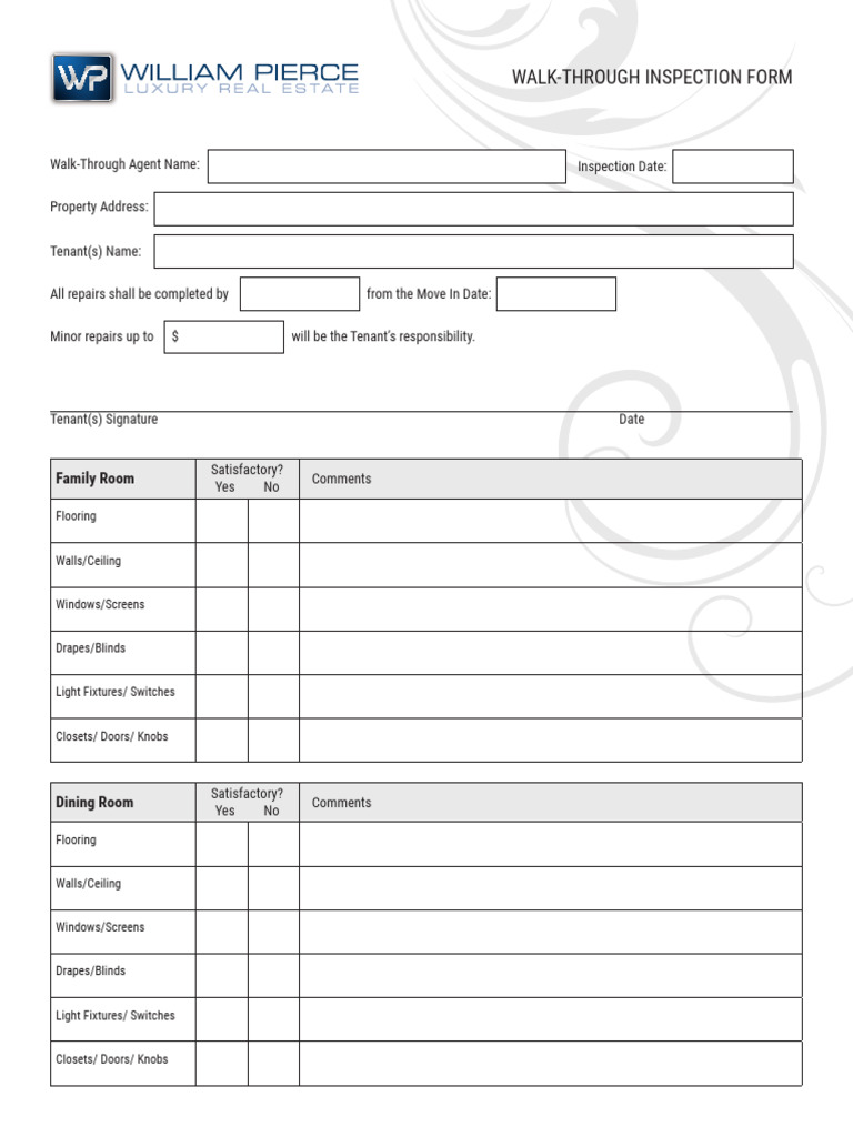 Walk-Through Inspection Checklist Form | PDF | Bathroom | Home