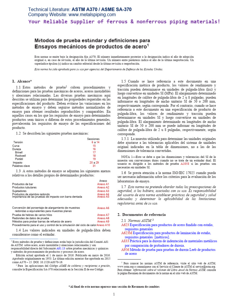 Métodos de Prueba ASTM A370 para Acero | PDF | Acero | Deformación ...