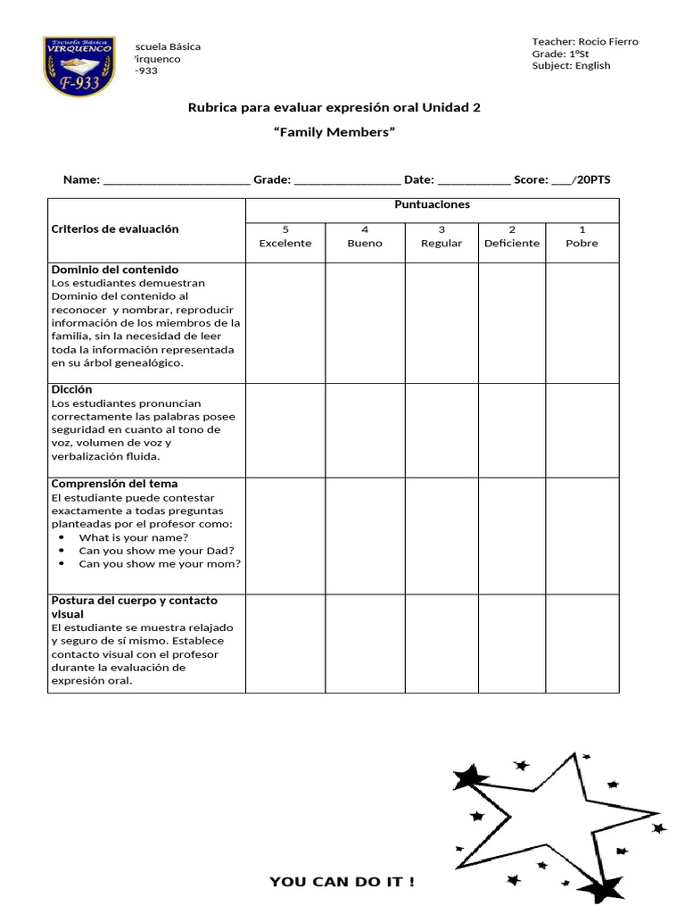 Rubrica Evaluación Oral: Familia 1° Básico | PDF