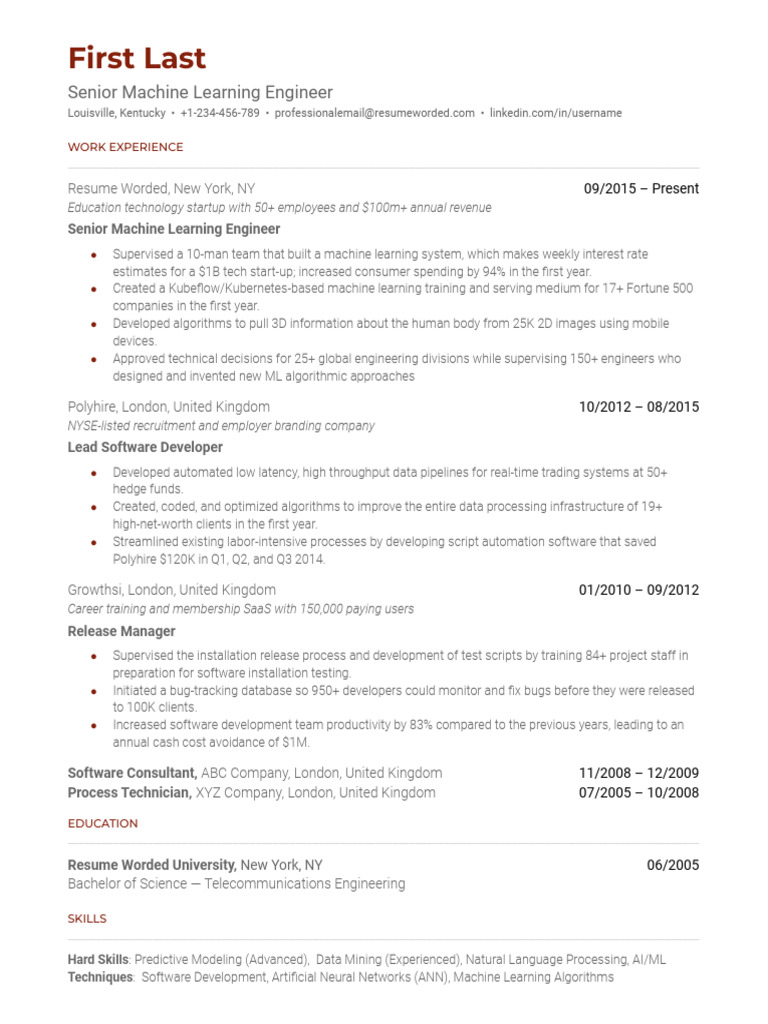Senior Machine Learning Engineer Resume | PDF | Machine Learning | Software